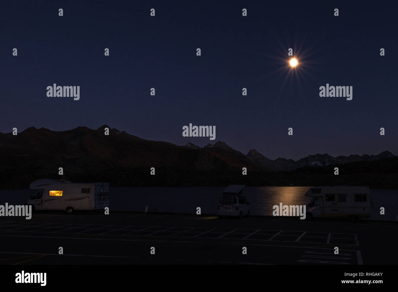 Mobile homes on a starry night, Oct. 2018, Swiss Alps, Grimsel Pass ...