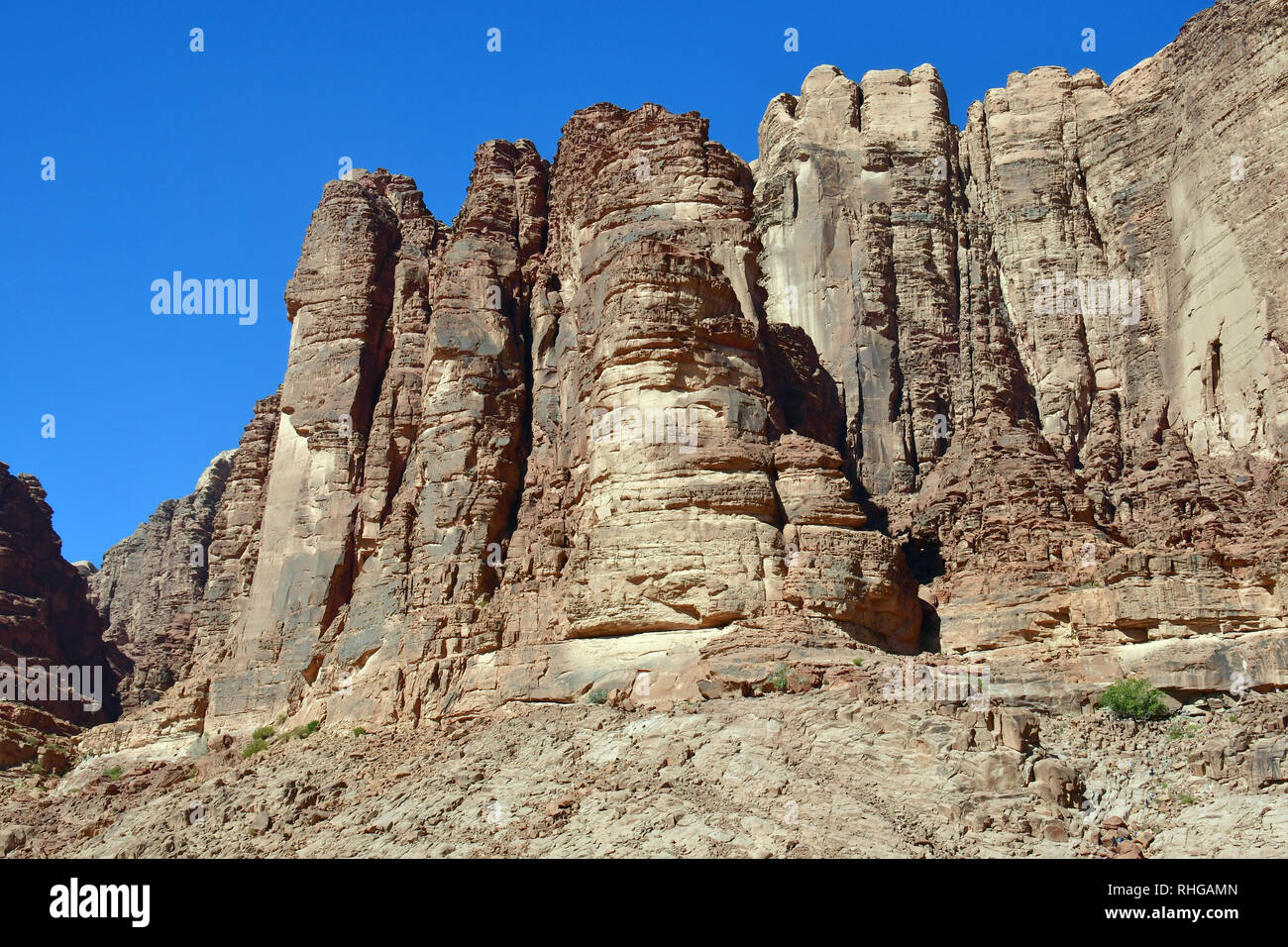 Rock formations of Lawrence's Spring in the desert at Wadi Rum. The ...