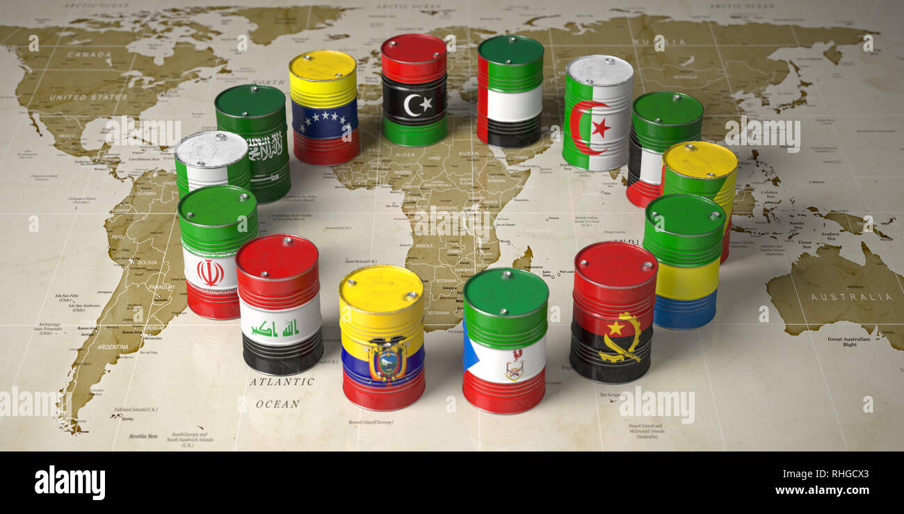 OPEC concept. Oil barrels in color of flags of countries memebers of ...
