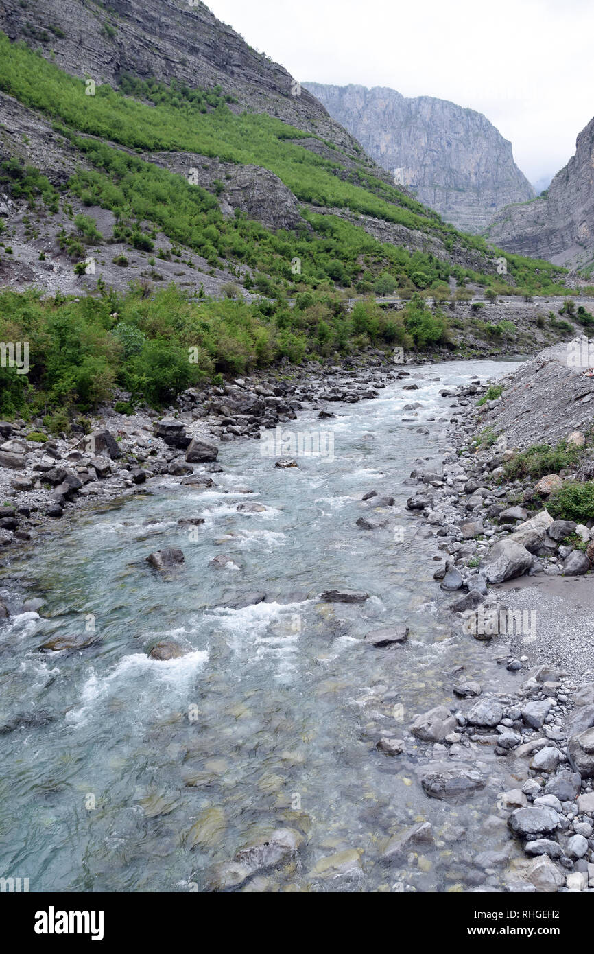 Cem river in north Albanian mountains. View from SH20 road. Albania ...