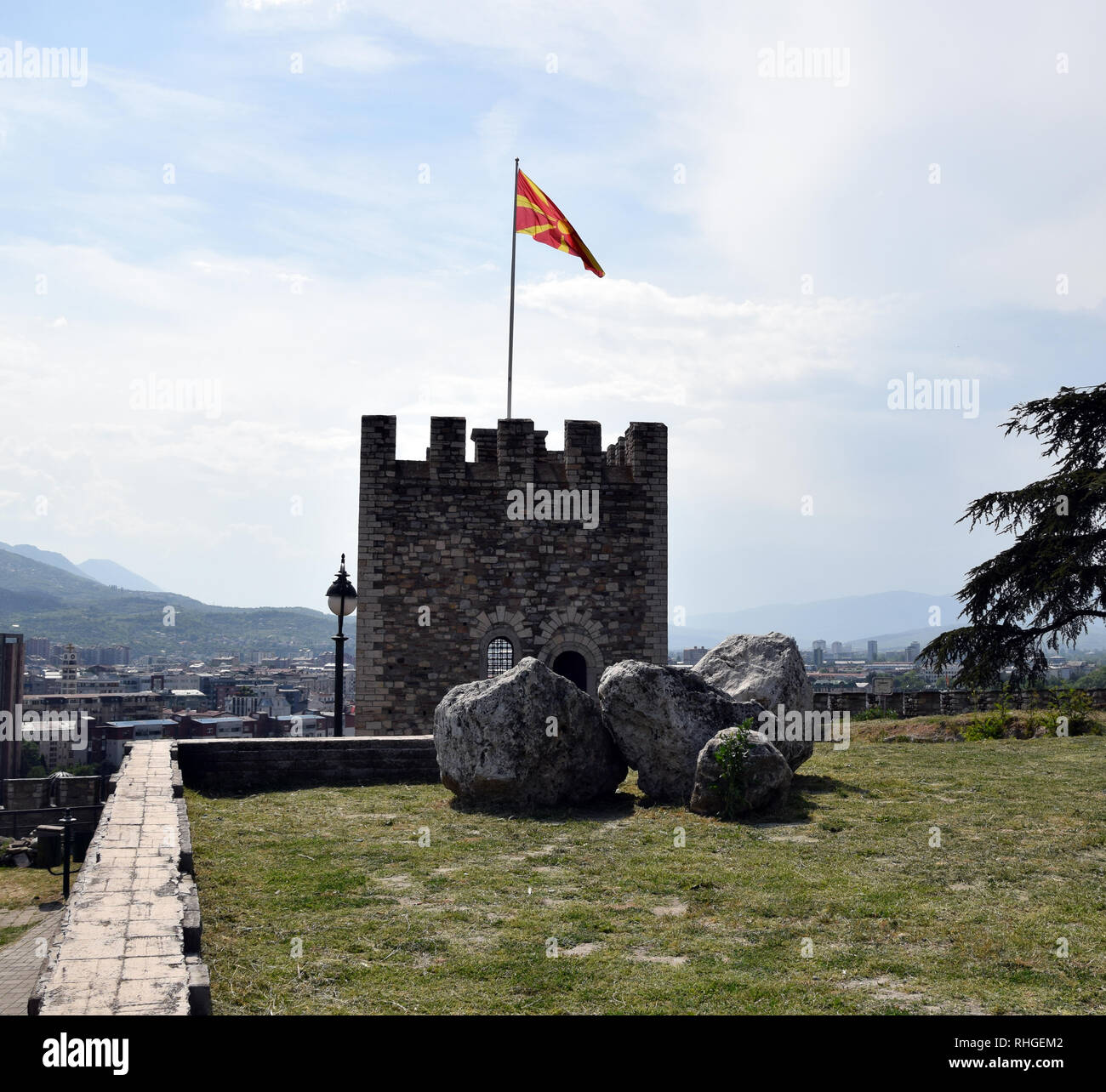 Macedonian national flag in Skopje Fortress. Macedonia Stock Photo - Alamy