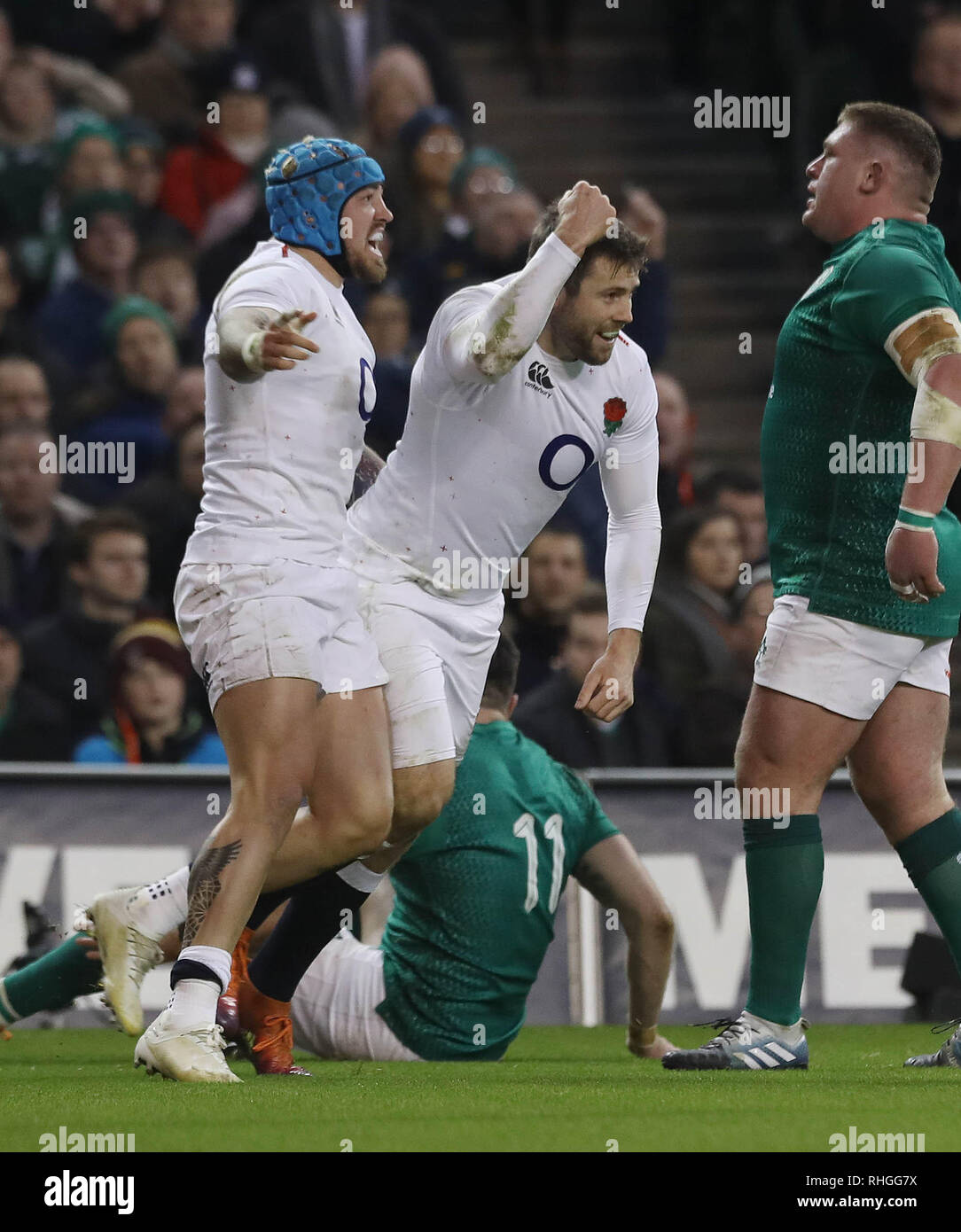 England's Elliot Daly celebrates after scoring a try during the ...