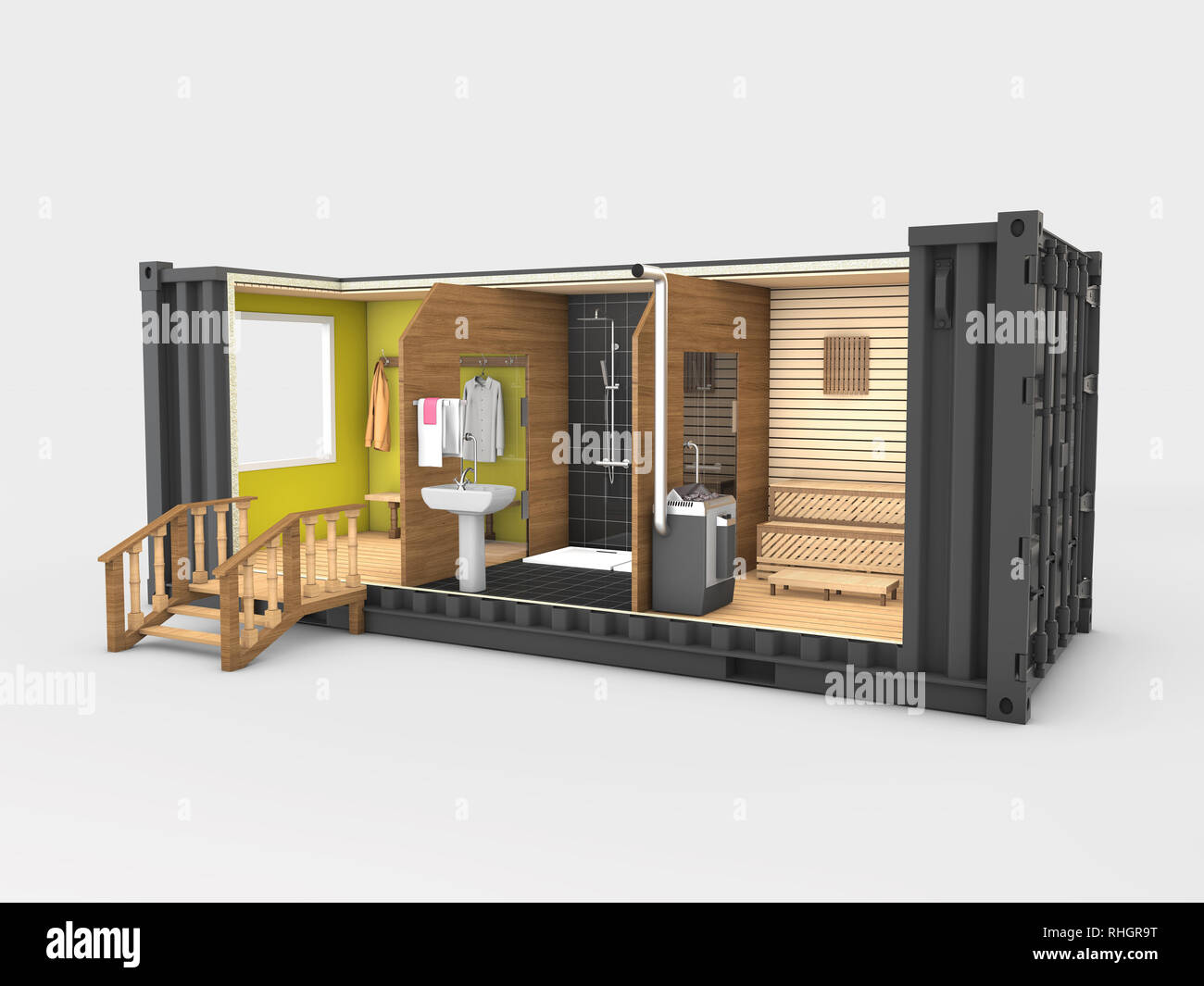 Converted old shipping container into sauna, 3d Illustration isolated ...