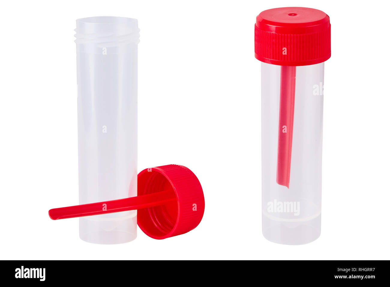 Sterile transparent blank plastic container for analysis. Opened and ...