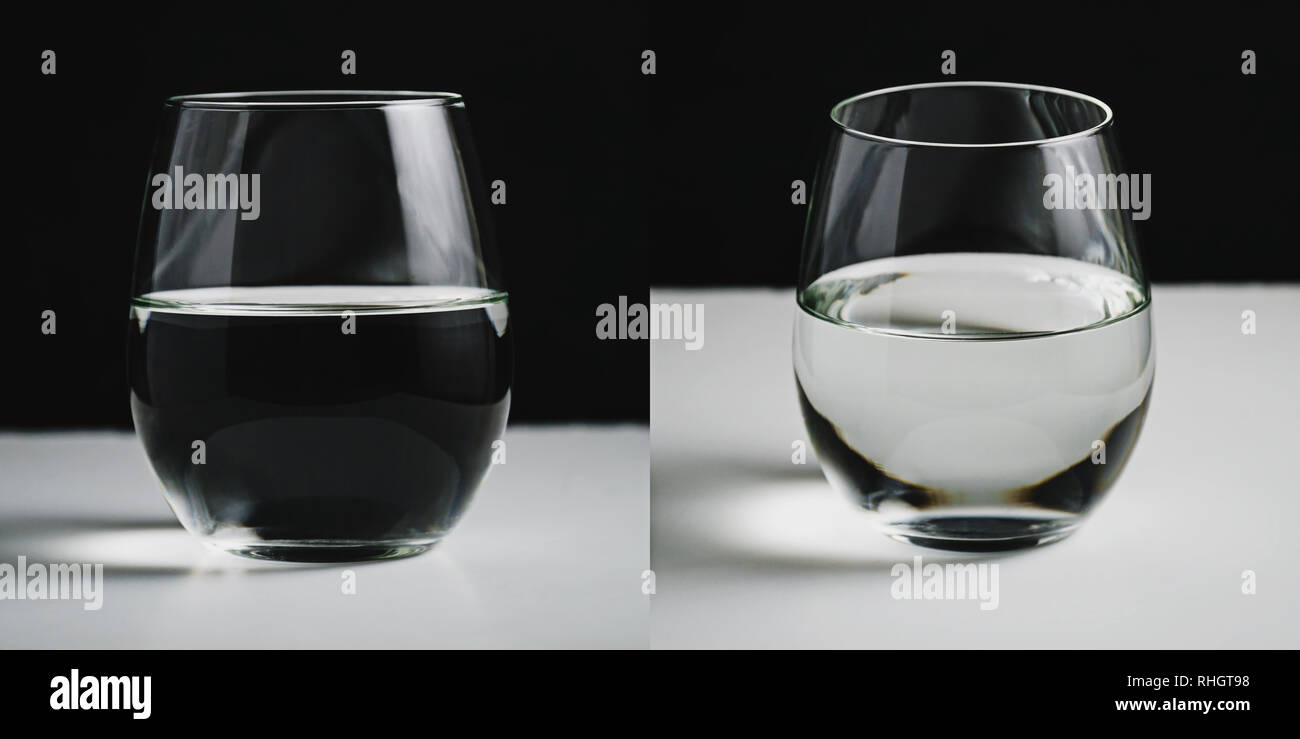 Concept picture of a glass half filled with water. Comparison of two ...