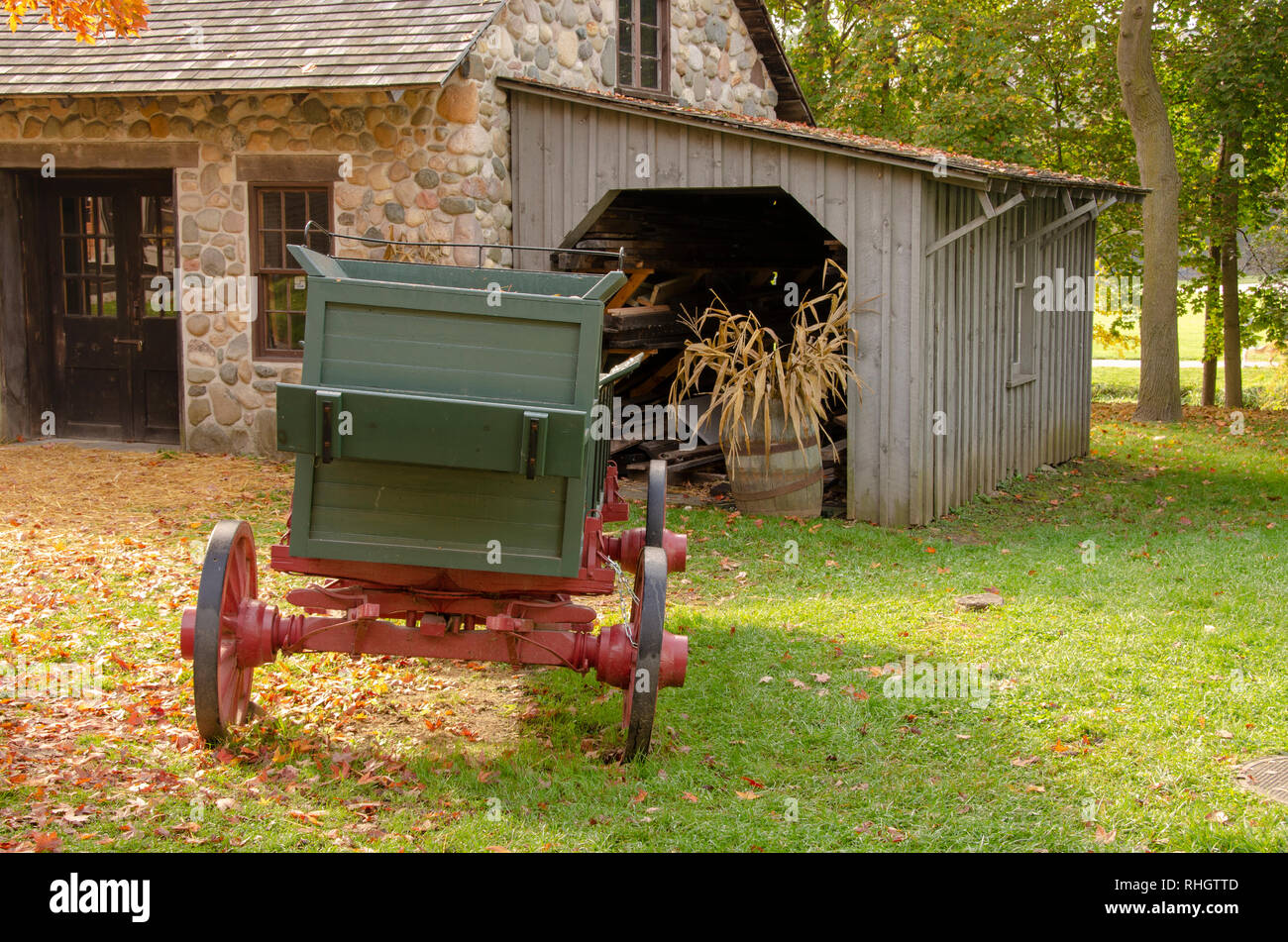 Picturesque Wagon and Stone Barn Stock Photo - Alamy