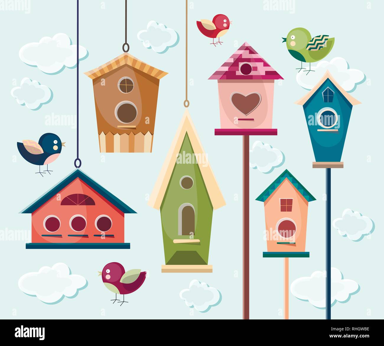 Collection of colorful birds and birdhouses. Vector illustration, EPS ...