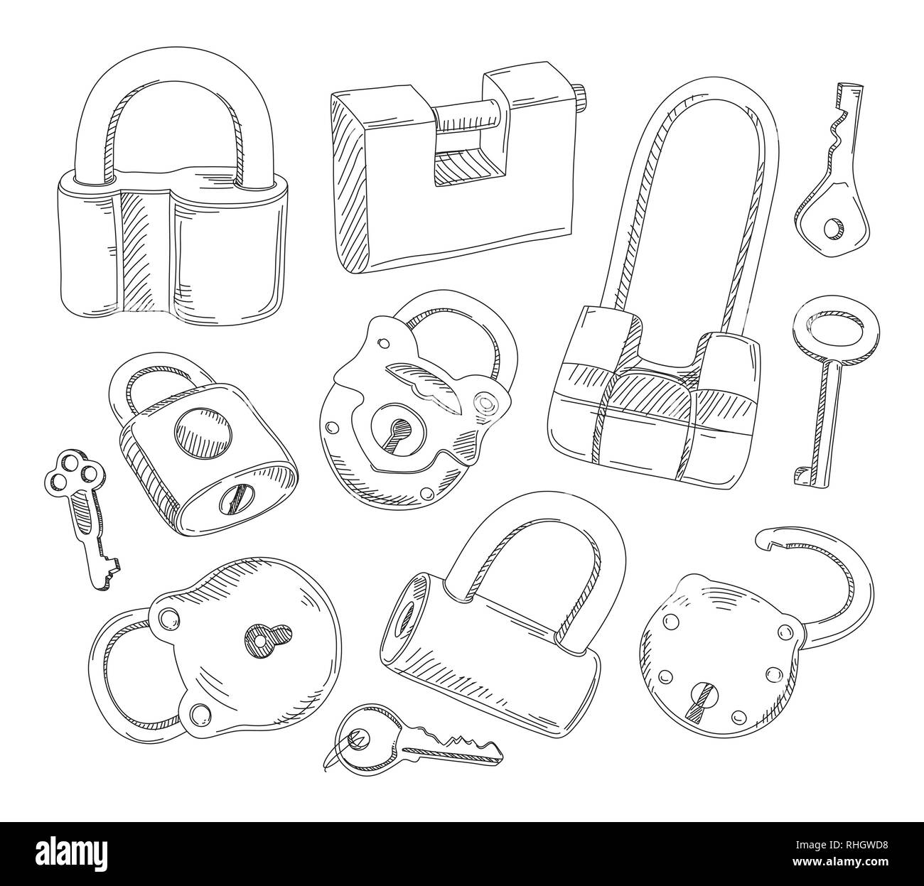Doodled set of Different Locks and Keys. Vector illustration, EPS 10 ...