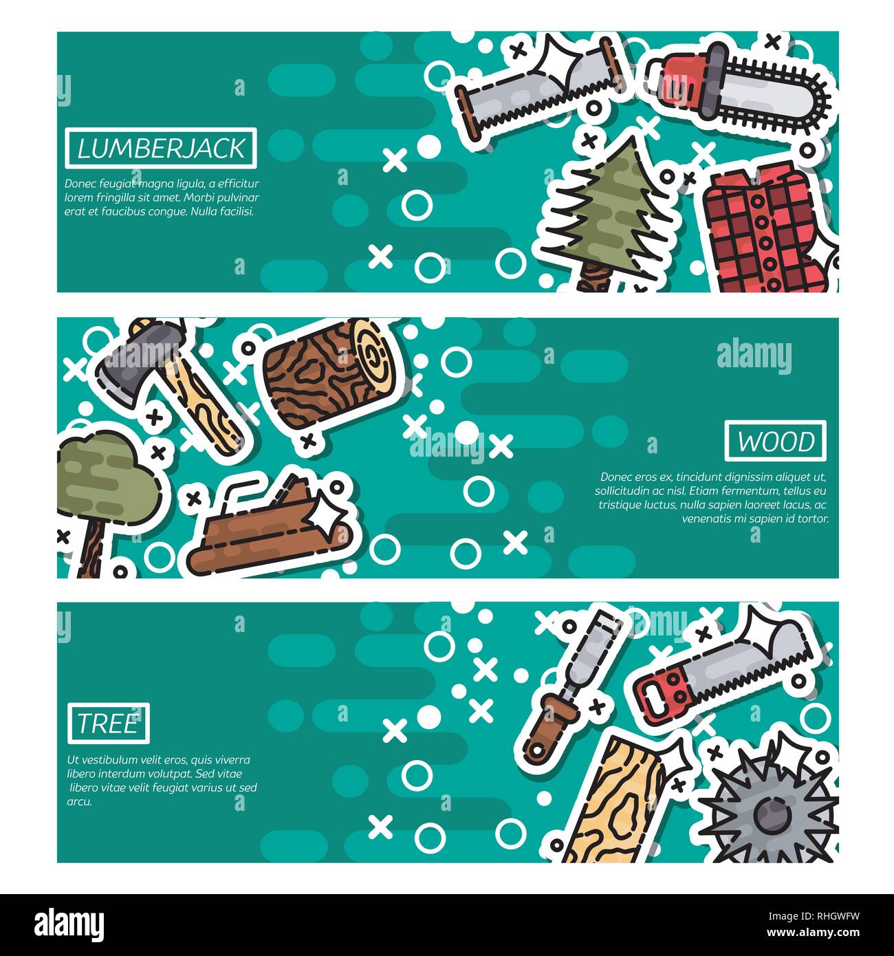 Set of Horizontal Banners about lumberjack with shipping timber and ...