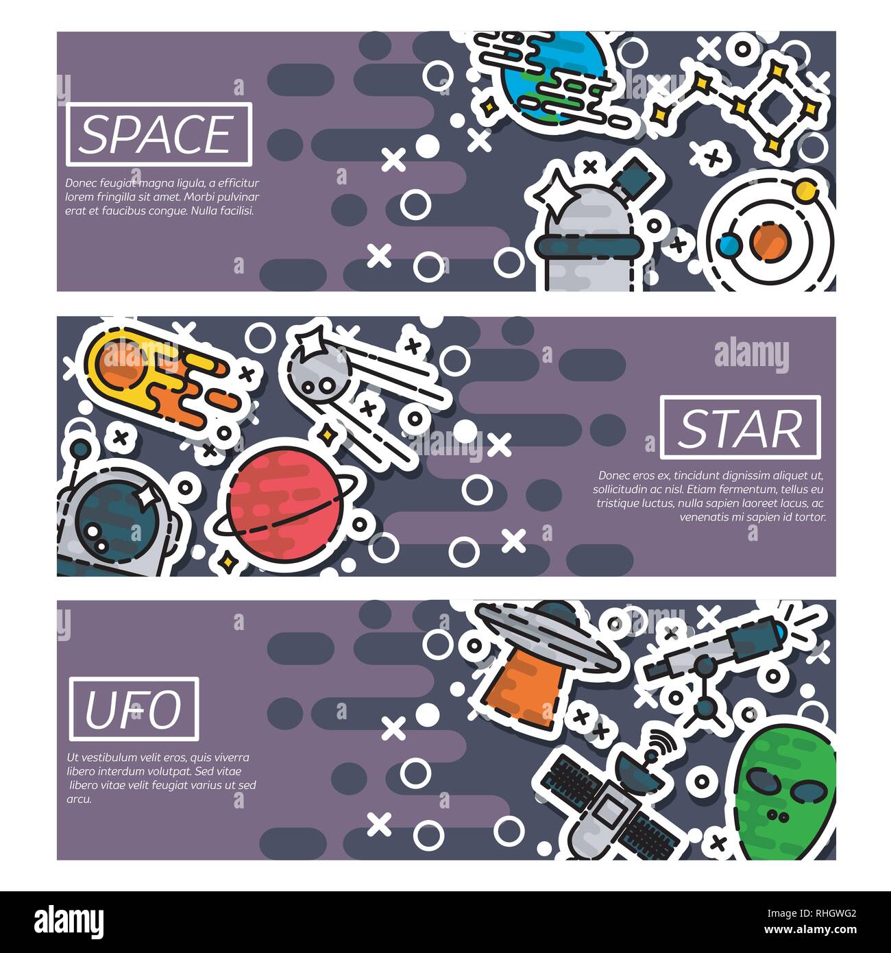 Space horizontal banner set with flat planet earth and mars scapes ...