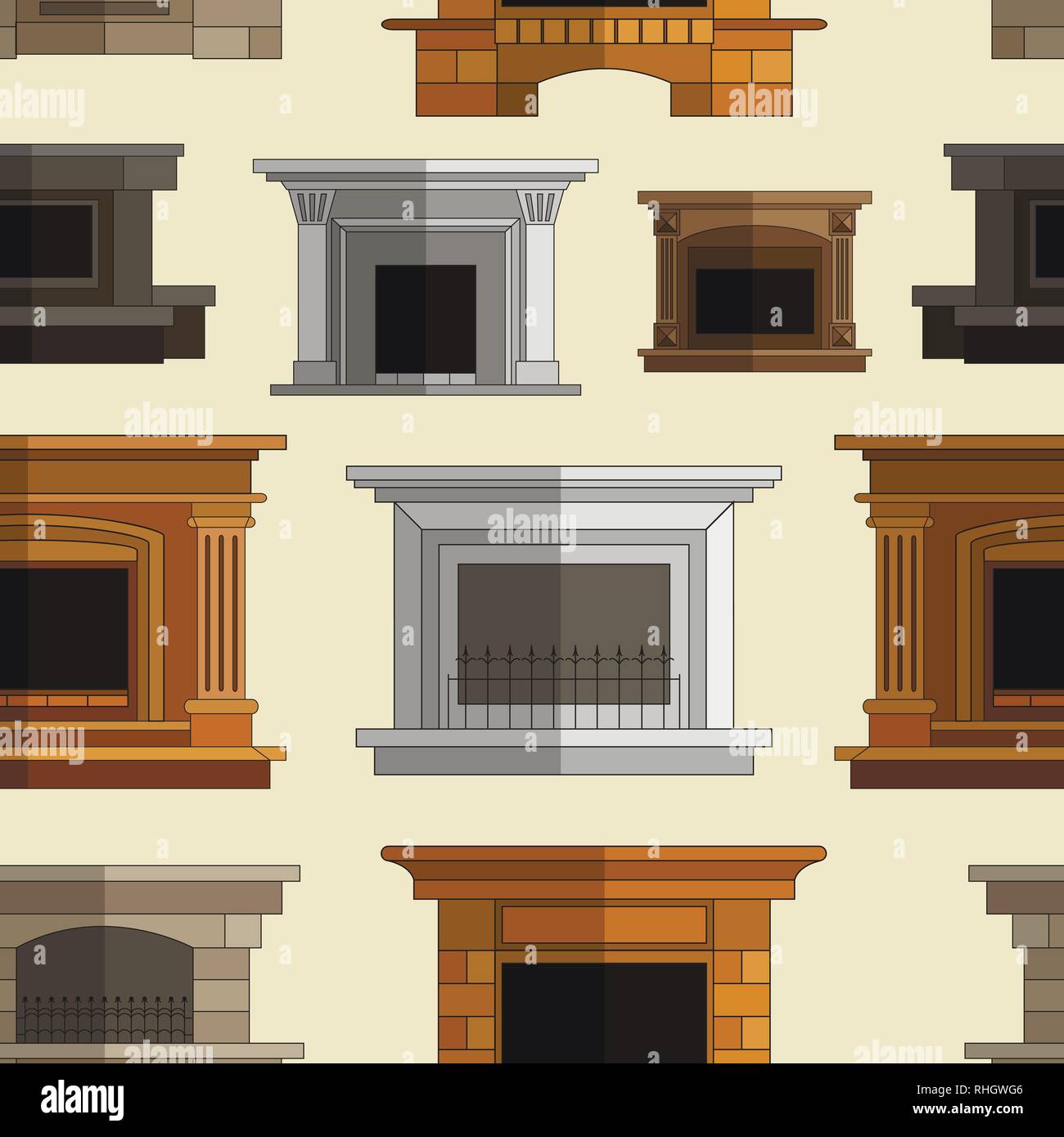 Set of vector fireplace icons and fireplace design pattern. Vector ...