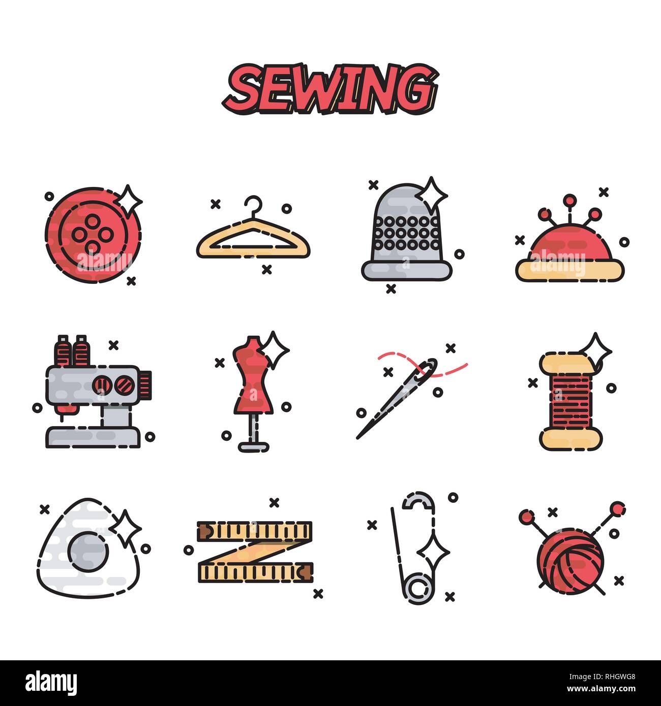 Flat icons vector collection of sewing items. Set of colorful flat ...