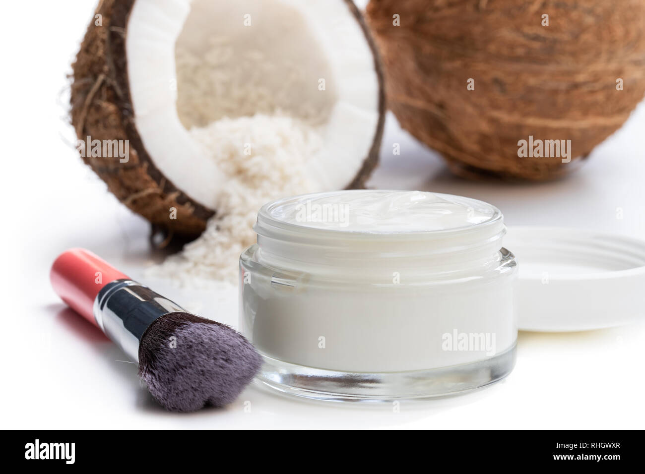 Homemade organic cosmetics with coconut on white background Stock Photo ...