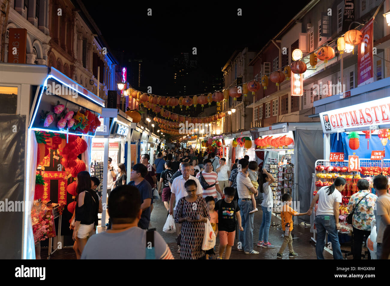Chinatown, Singapore - January 2019: People shopping on a traditional ...