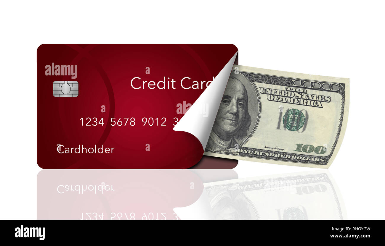 A credit card is peeled back to reveal a one hundred dollar bill inside ...