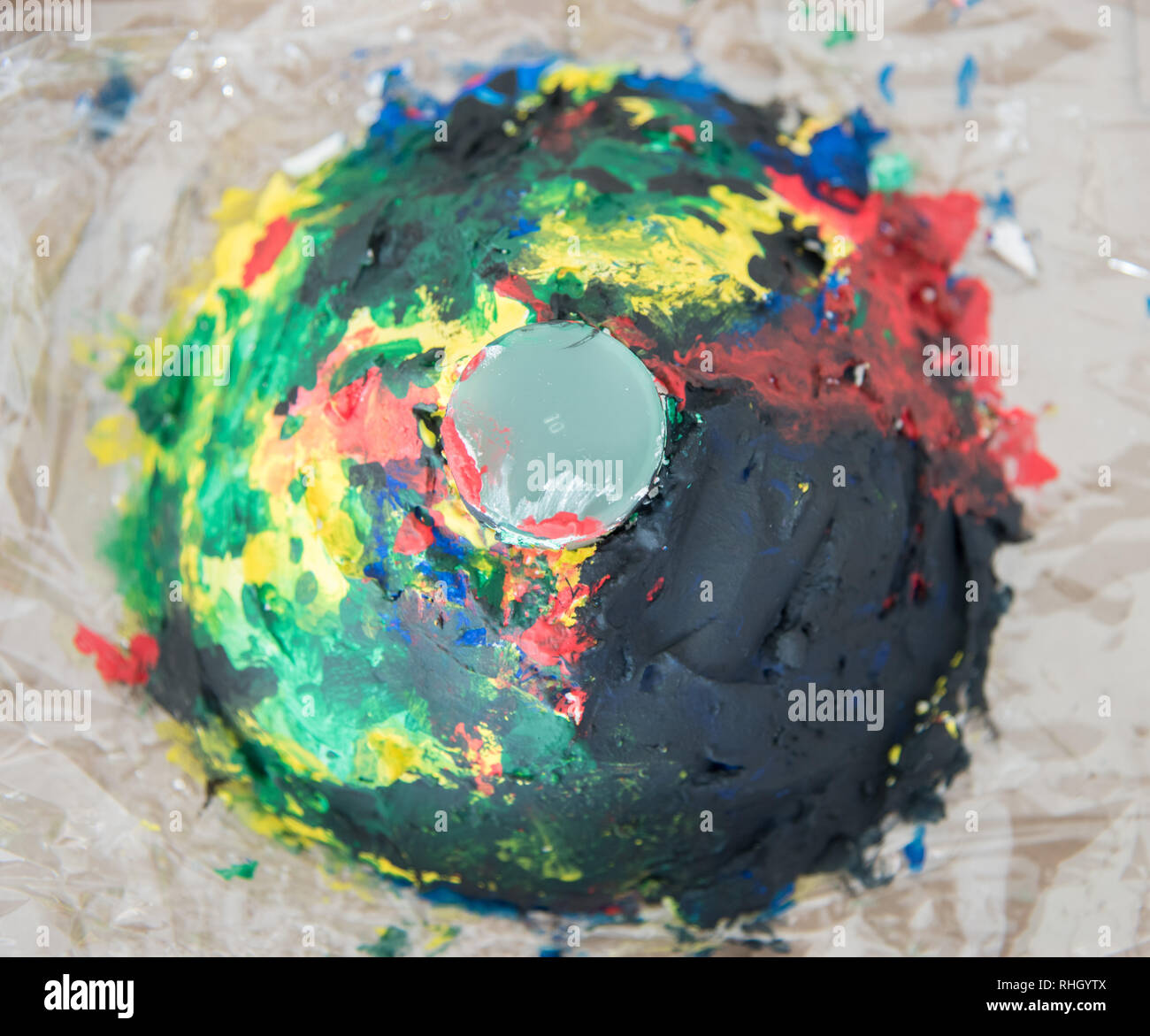 View from above over painted plaster volcano for chemistry experiment ...