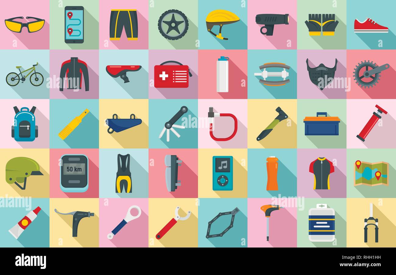 Mountain bike icons set. Flat set of mountain bike vector icons for web ...