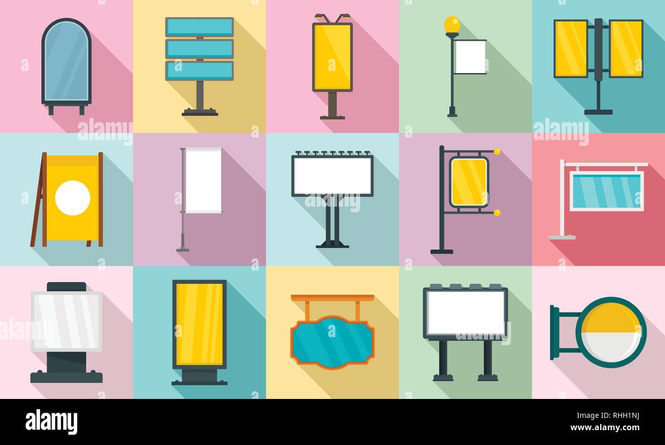 Outdoor advertising icons set. Flat set of outdoor advertising vector ...
