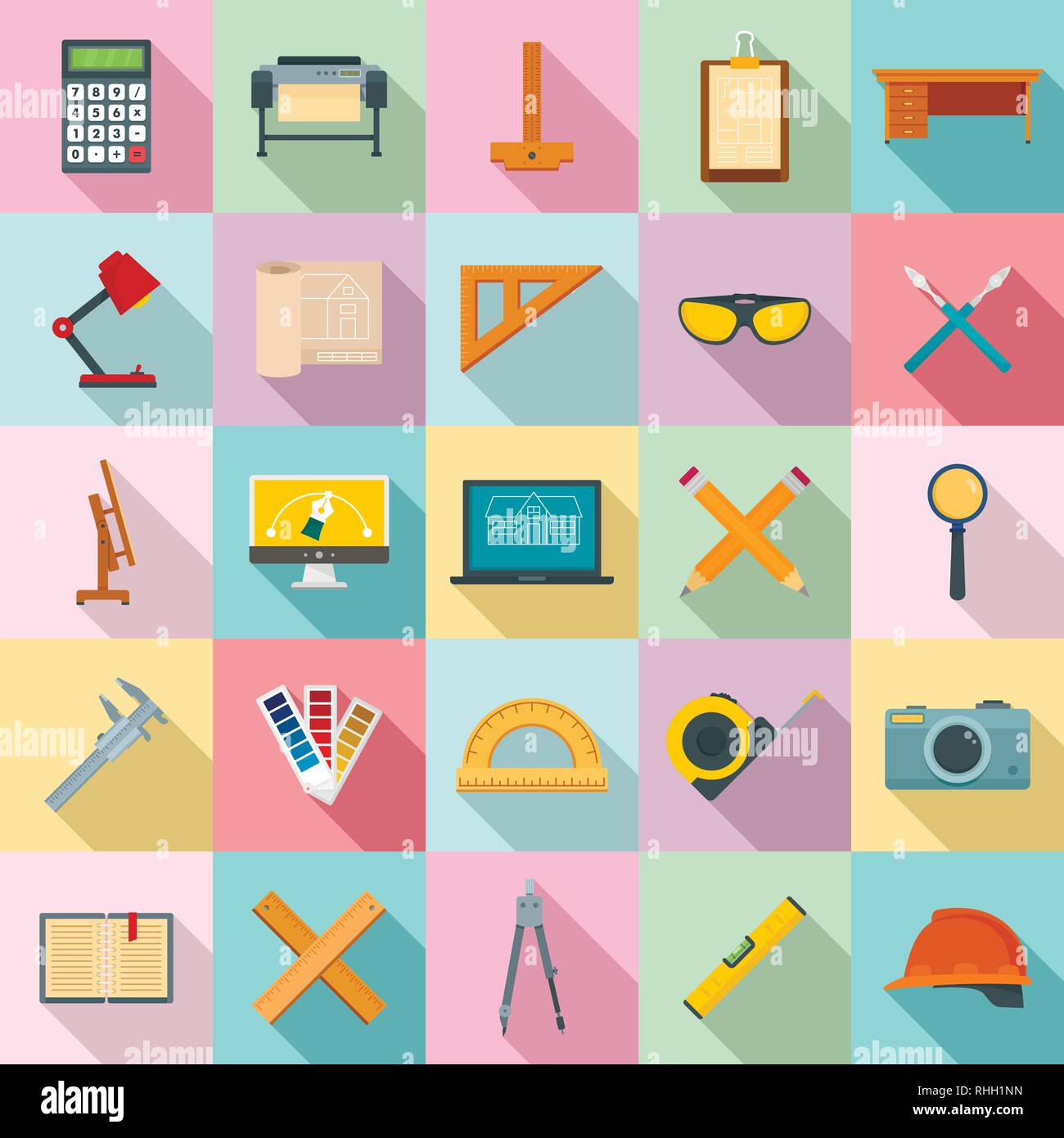 Architect equipment icons set. Flat set of architect equipment vector ...