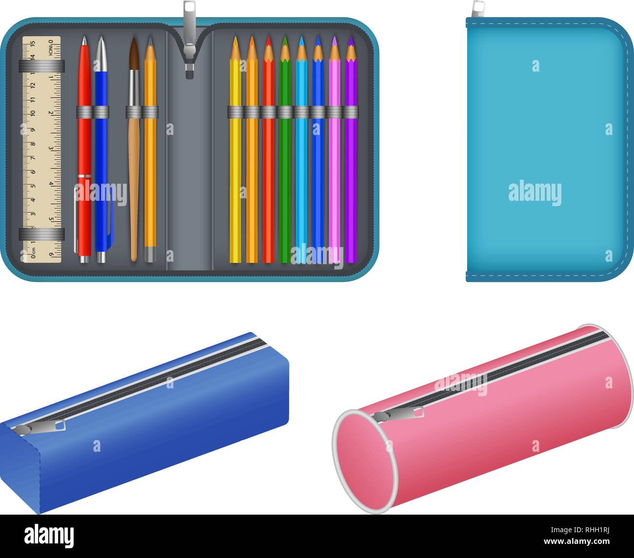 Pencil case icons set. Realistic set of pencil case vector icons for ...