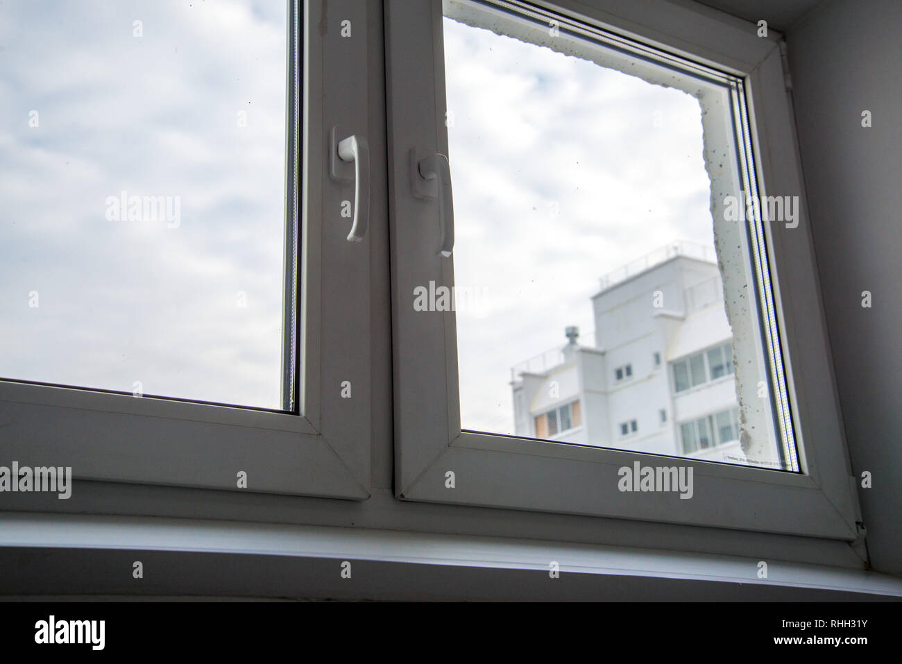 Open window. PVC plastic. View of the street from the window of a new ...