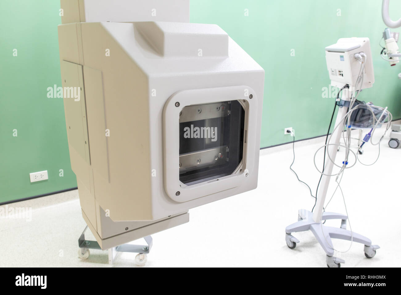 Close up large C-arm angiograph, operating room with X-ray medical scan ...