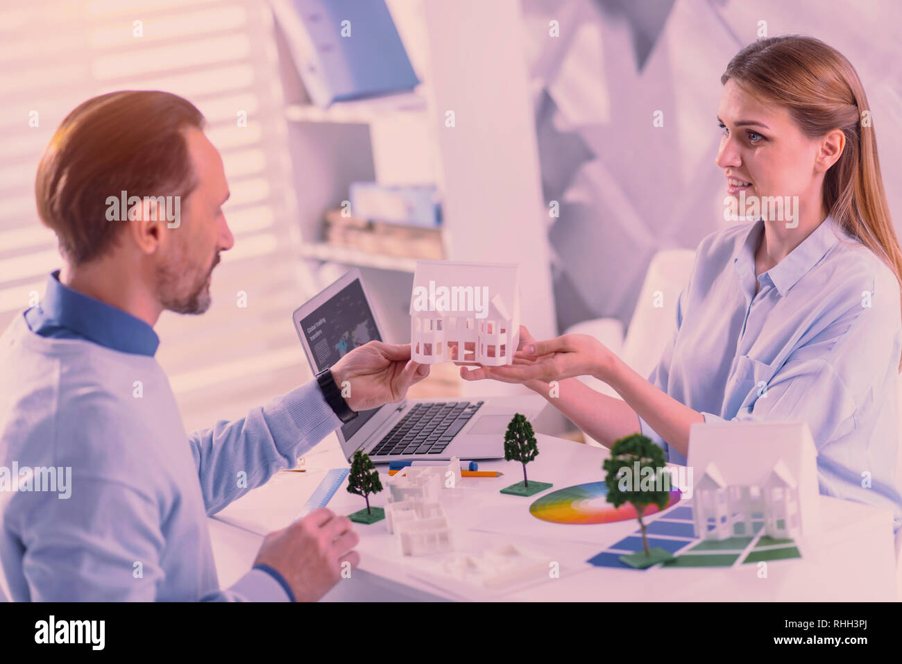 Successful two colleagues discussing model at office Stock Photo - Alamy