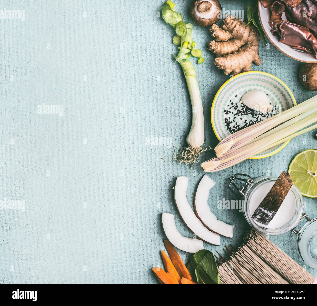 Asian food background with variety of traditional cooking ingredients ...