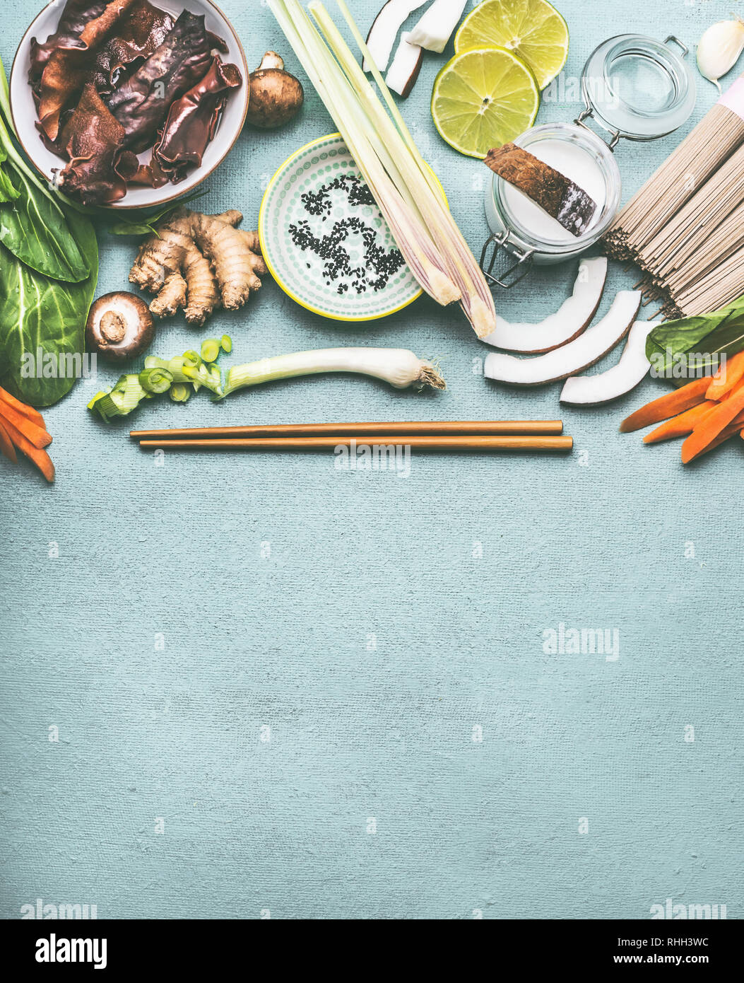 Asian food background with various traditional cooking ingredients ...
