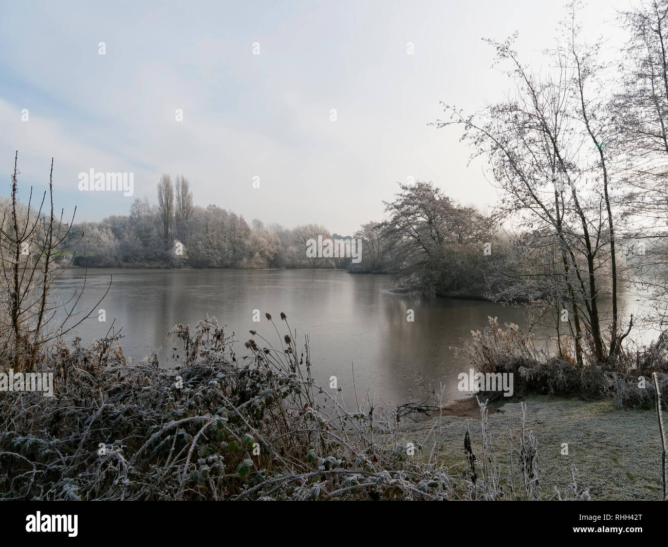 Standing on the banks of a small frozen lake bordered by frost covered ...