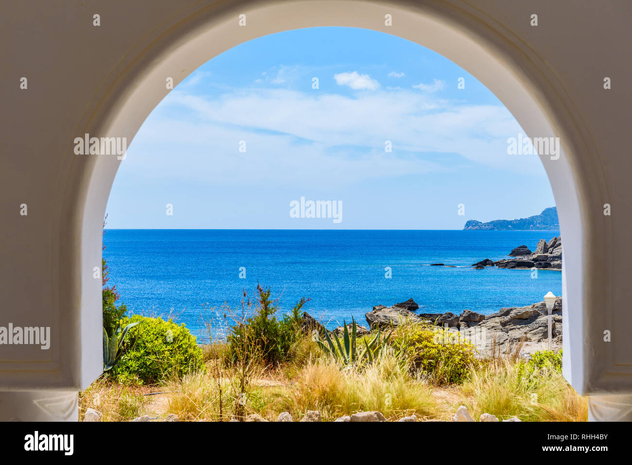 Sea view from interior of Kallithea Therms. Rhodes, Greece Stock Photo ...