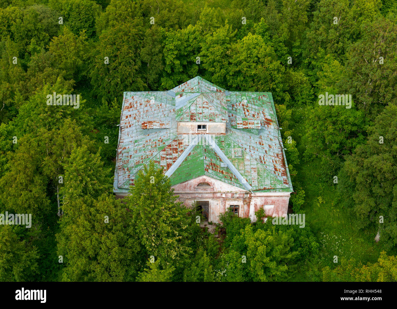 Top aerial view shot. Part of building complex of Soviet military base ...