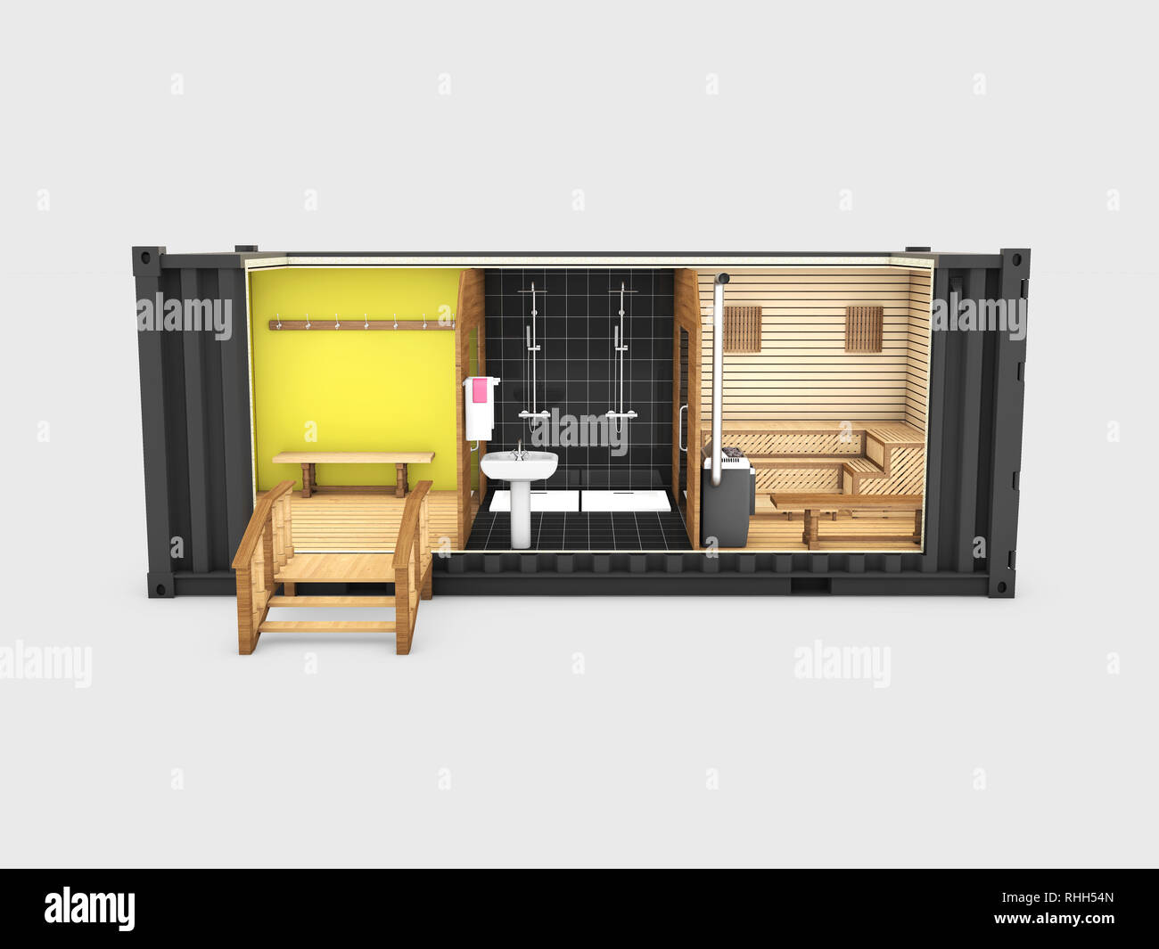Converted old shipping container into sauna, 3d Illustration isolated ...