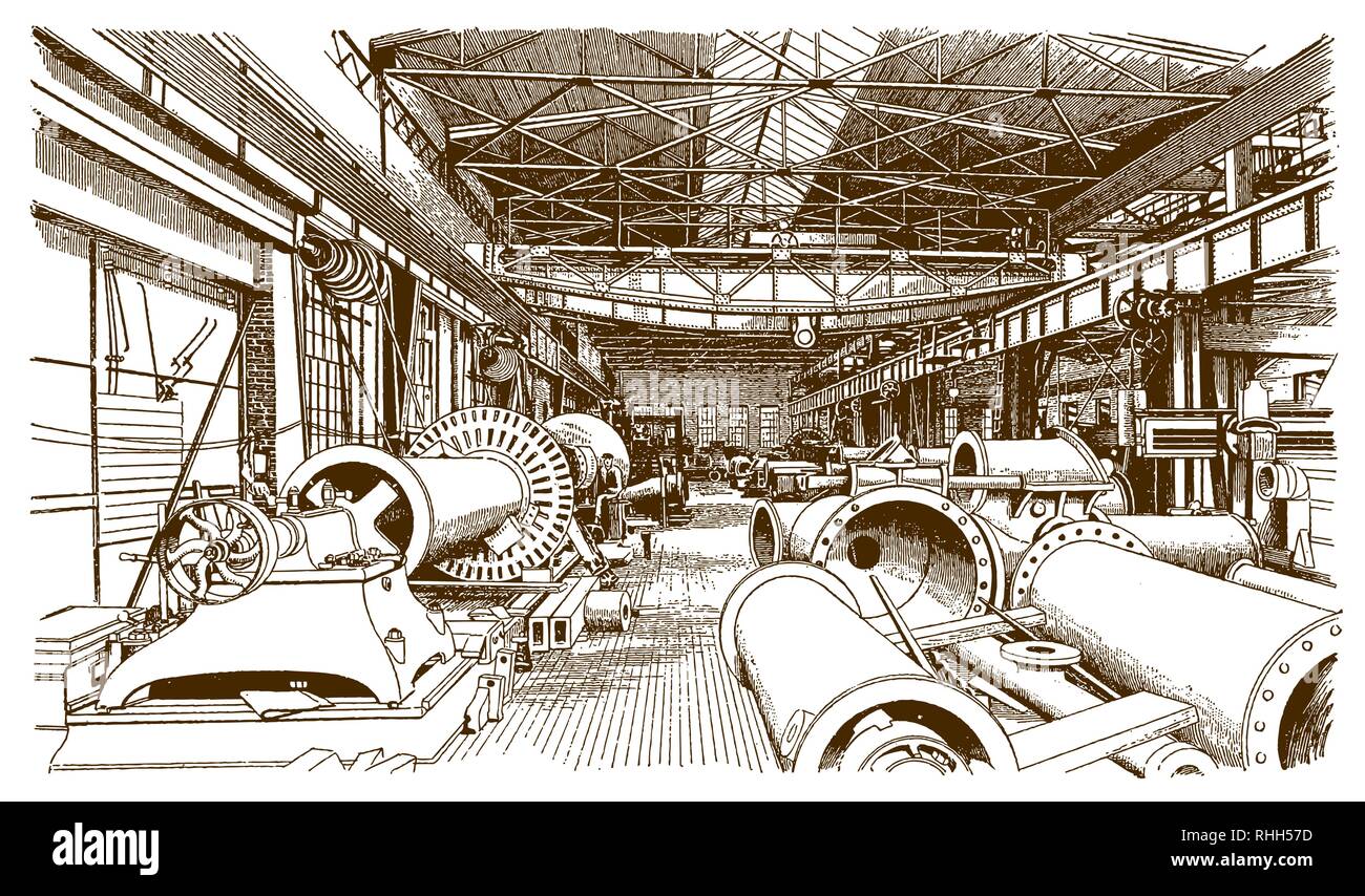 Interior view of a historic machine shop of a factory building with ...
