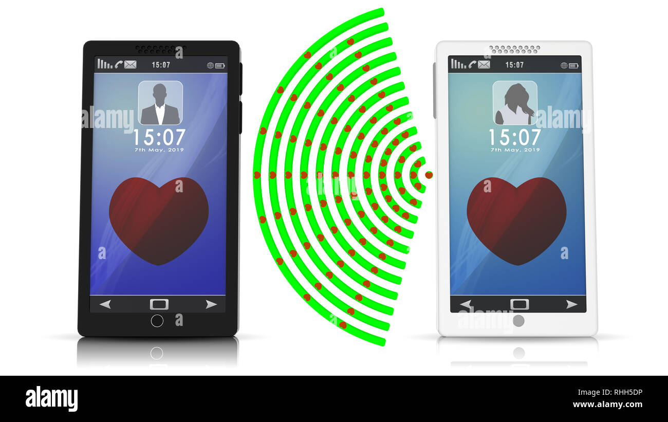 3D illustration. Smartphone, man and woman on the phone talking ...