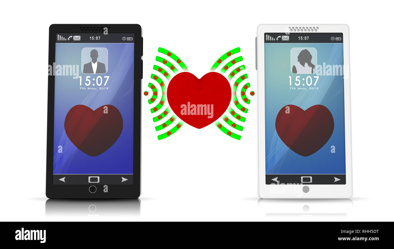 3D illustration. Smartphone, man and woman on the phone talking ...