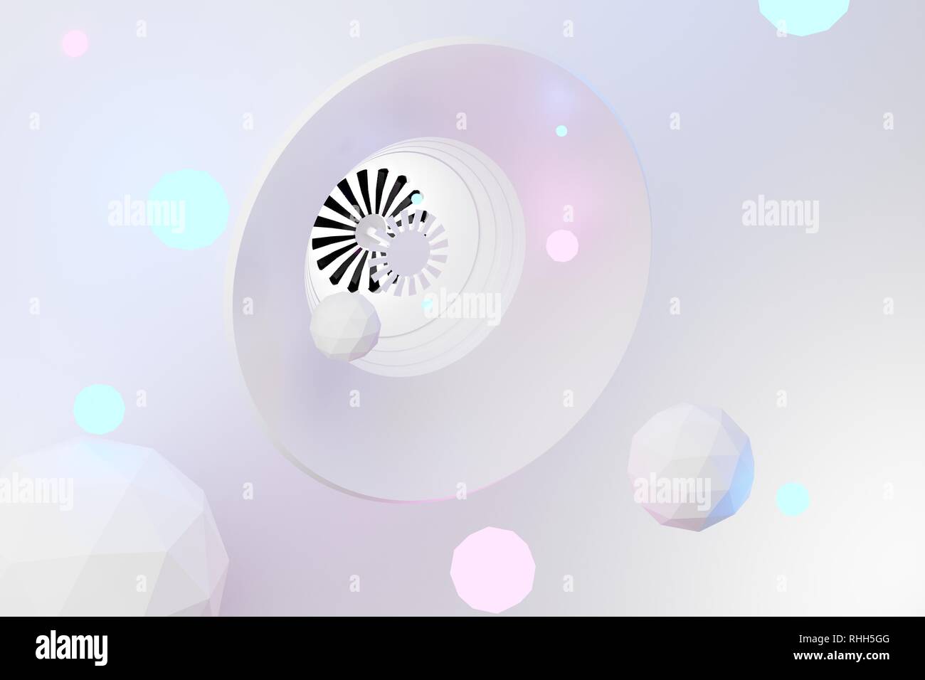 Digital lamp with shapes floating in area, 3D render model Stock Photo ...