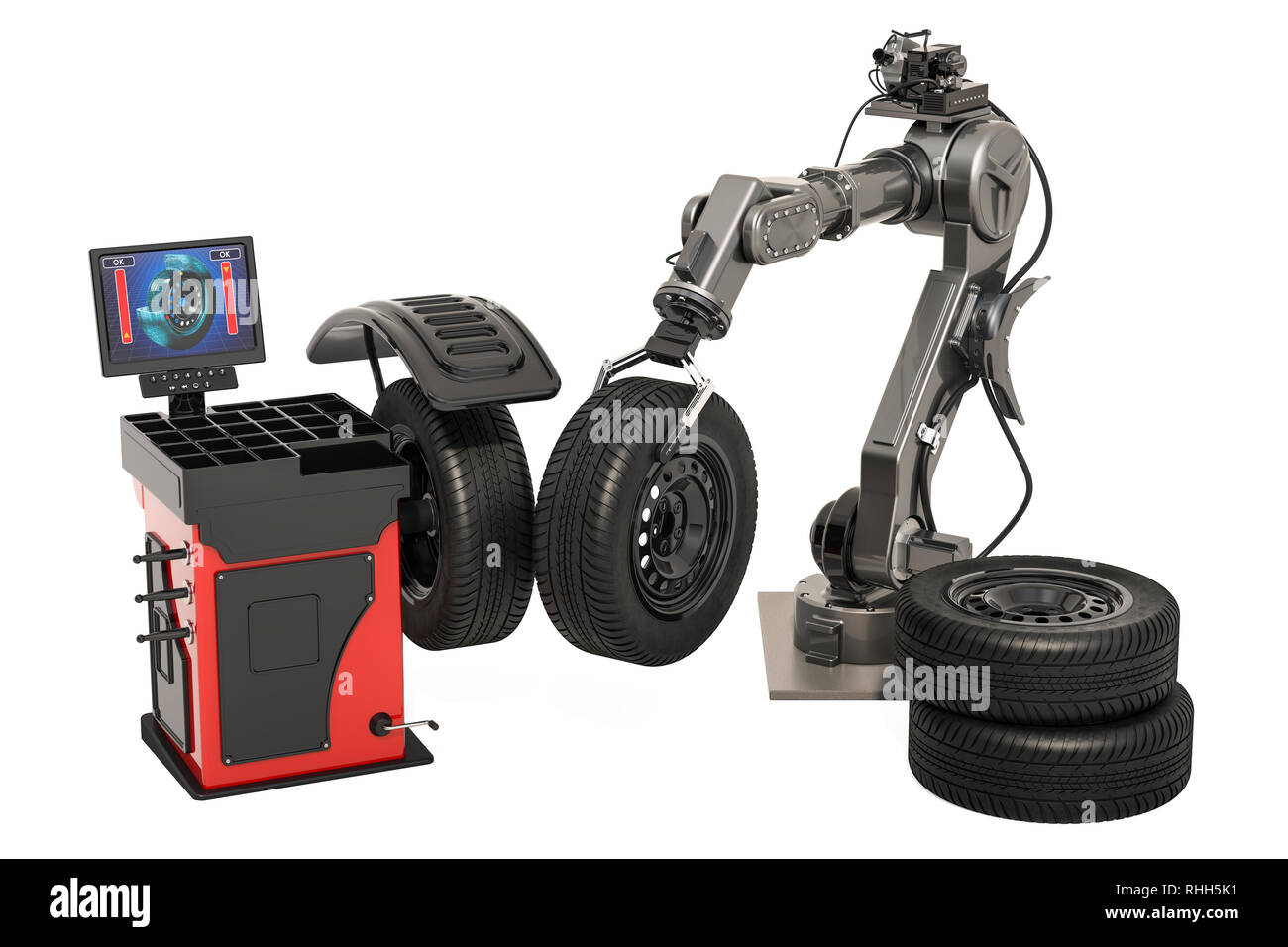 Automatic wheel balancing machine with robotic arm, 3d rendering ...