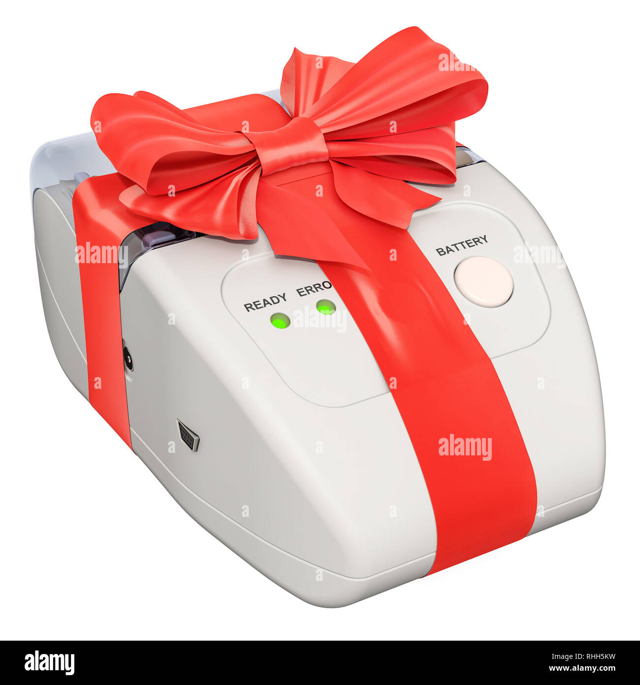 Receipt printer for POS with bow and ribbon, gift concept. 3D rendering ...