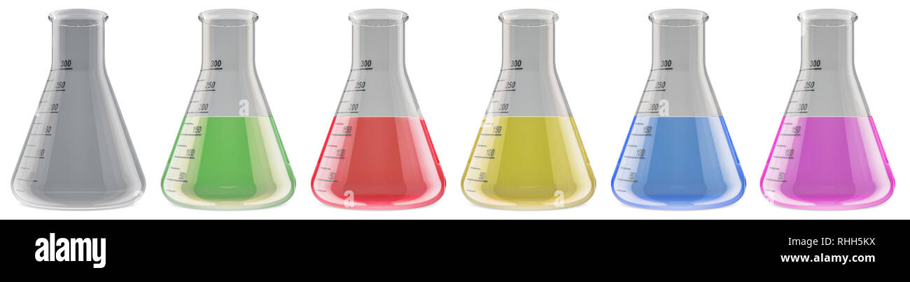 Set of chemical flasks with colored liquid, 3D rendering isolated on ...