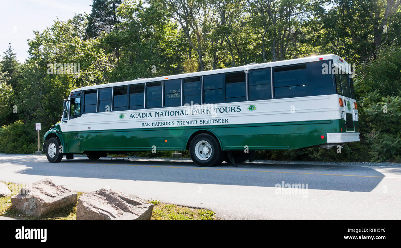 Bar Harbor, Maine, USA - 27July 2017: The Acadia National Park Tour Bus ...