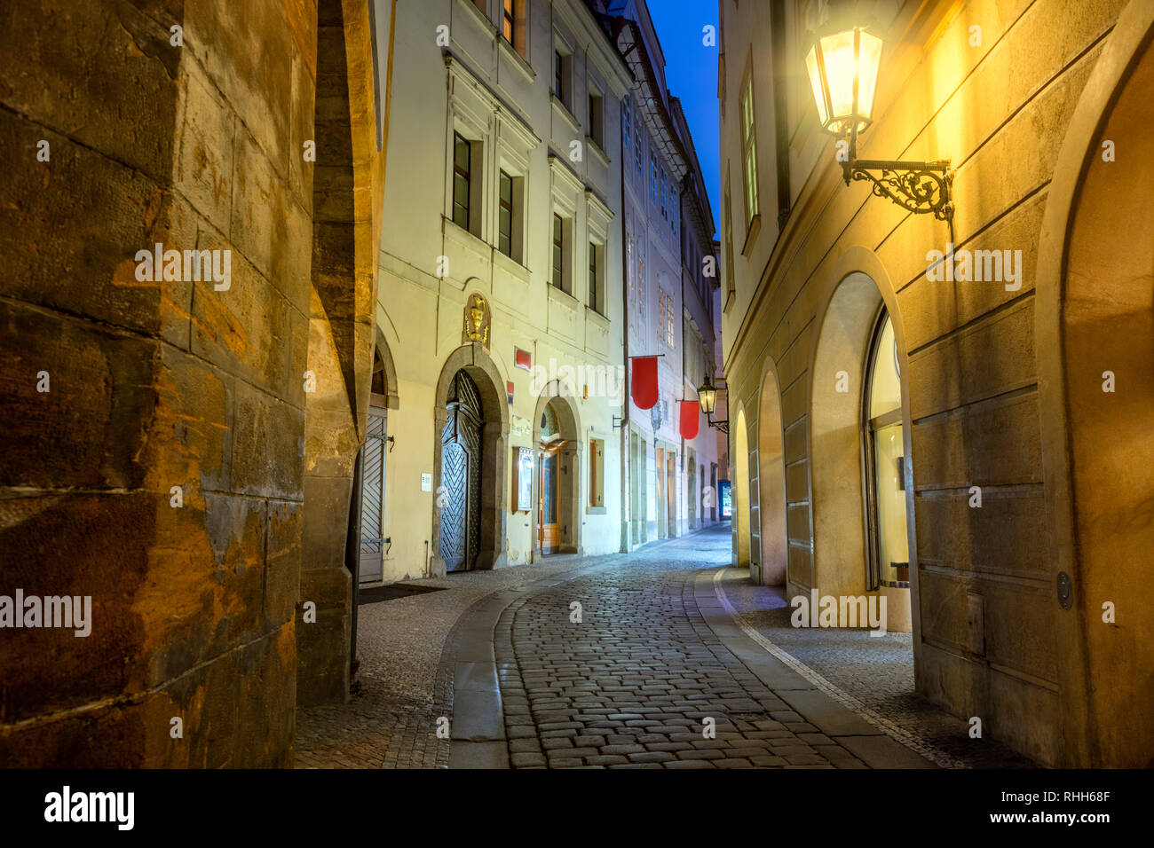 Old Historic Prague street at night with old lamps, nobody, Czech ...