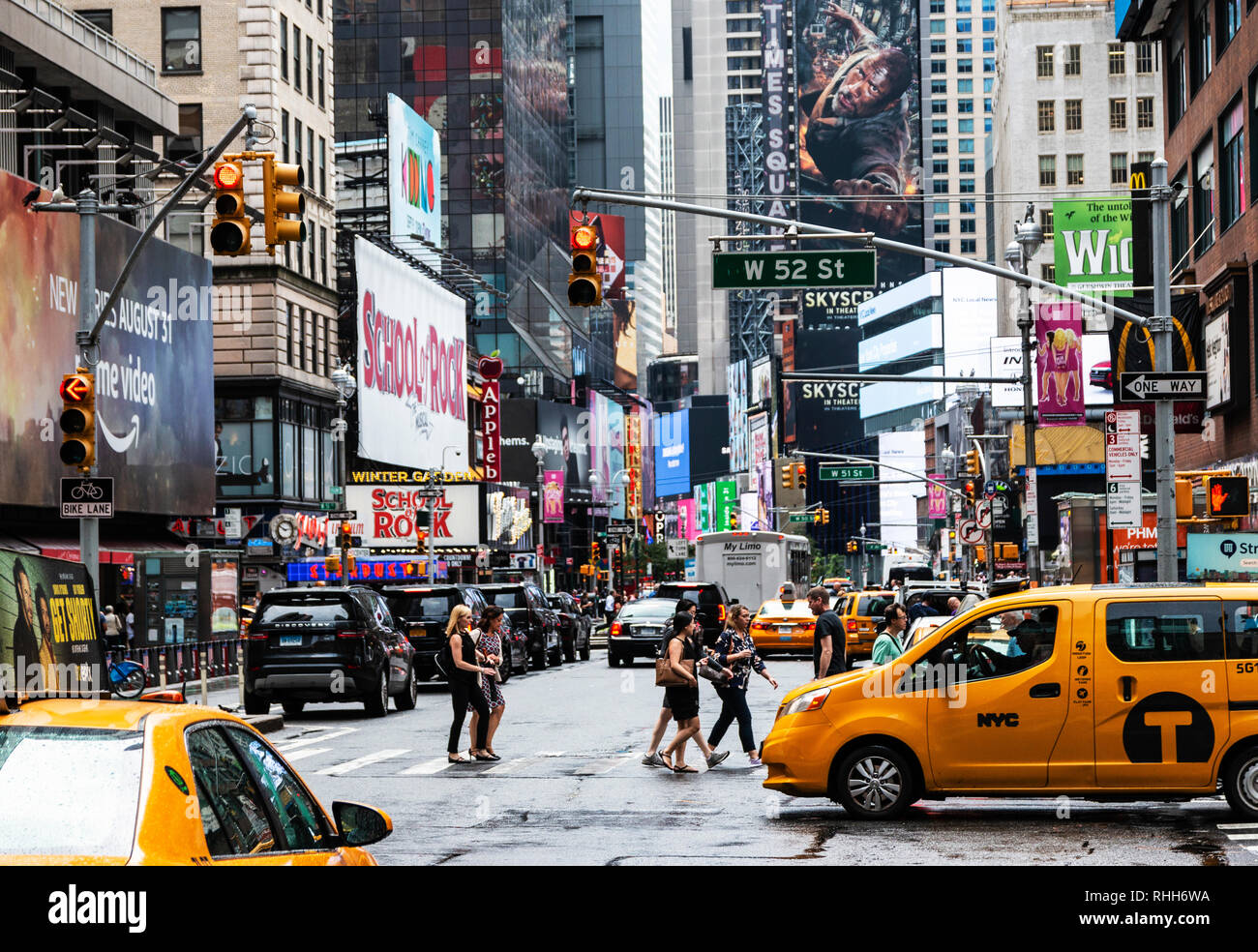 New York City, New York, USA - 14 August 2018: Broadway and west 52nd ...