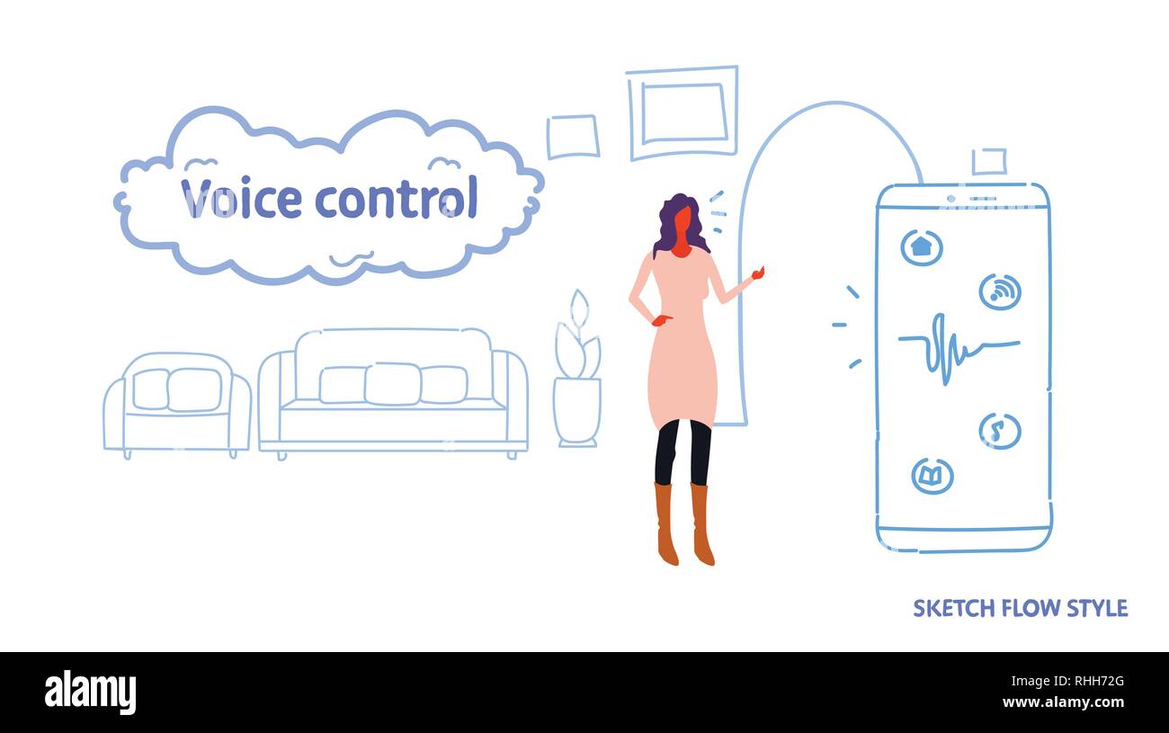 woman using personal smart voice assistant system mobile application on ...