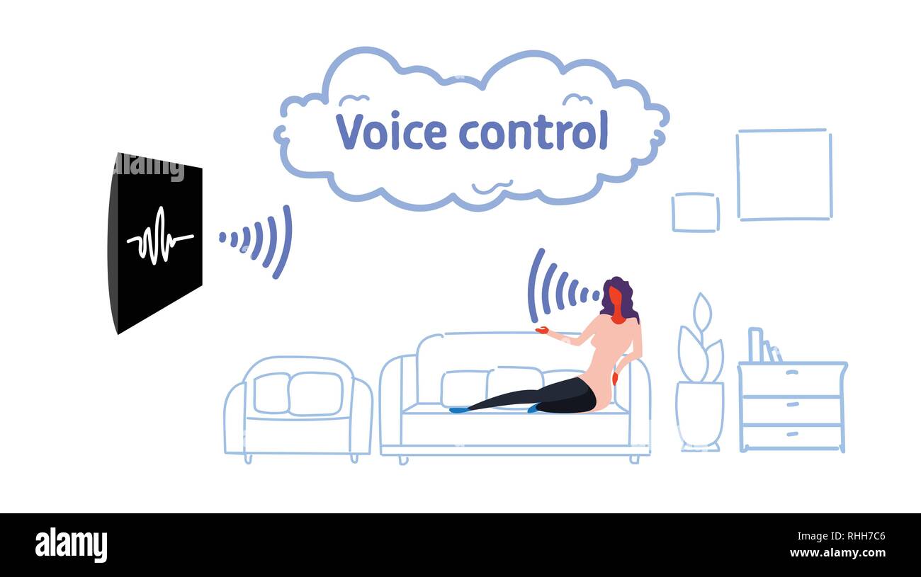 Home Television Controlled By Woman Sitting On Couch Smart Tv Tech Recognizes Commands Voice