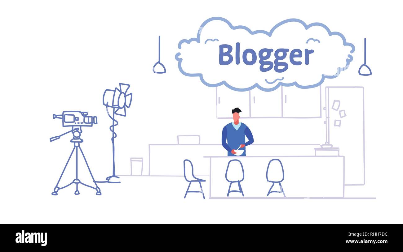 man food blogger recording video on camera male chef cooking modern ...