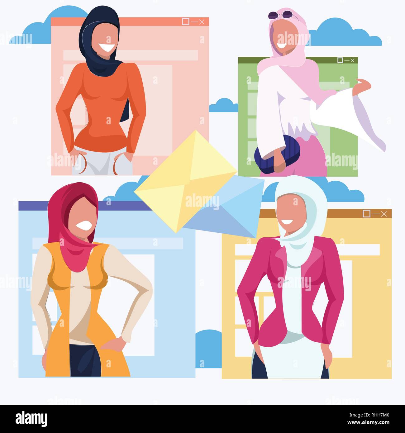 set arab women letter envelope communication concept arabic happy girls ...