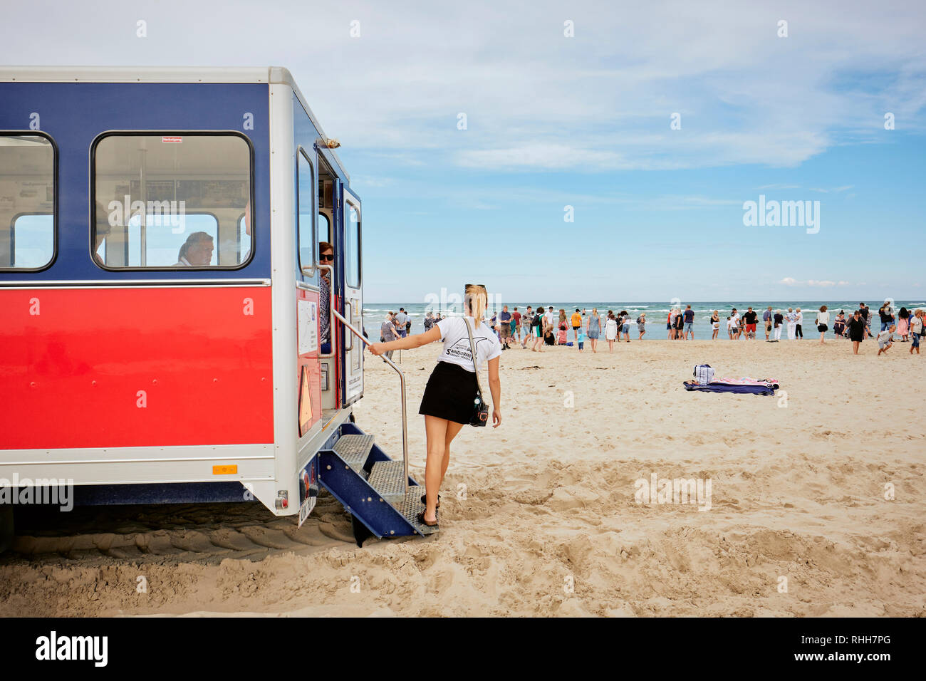 The Sandormen tractor bus at the popular Danish tourist spot of Grenen ...
