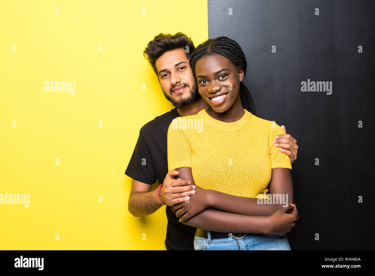 Young Happy Mixed Race Couple Indian Man And African Woman Hugging