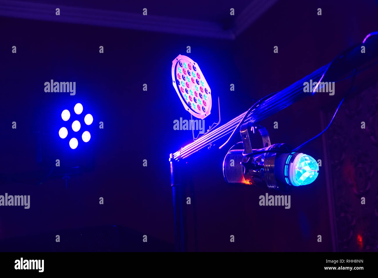 Stage lights in action at the concert. Lights show. Lazer show. Night ...
